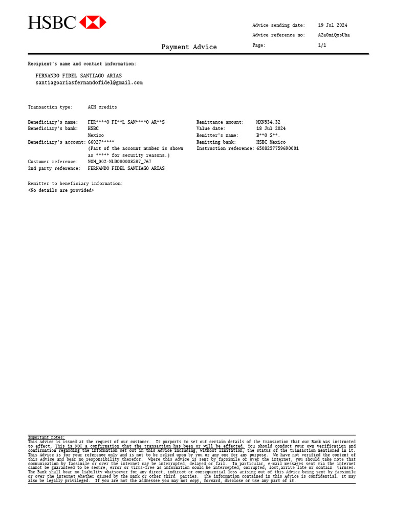 Payment Advice for ACH Transaction | PDF | Banks