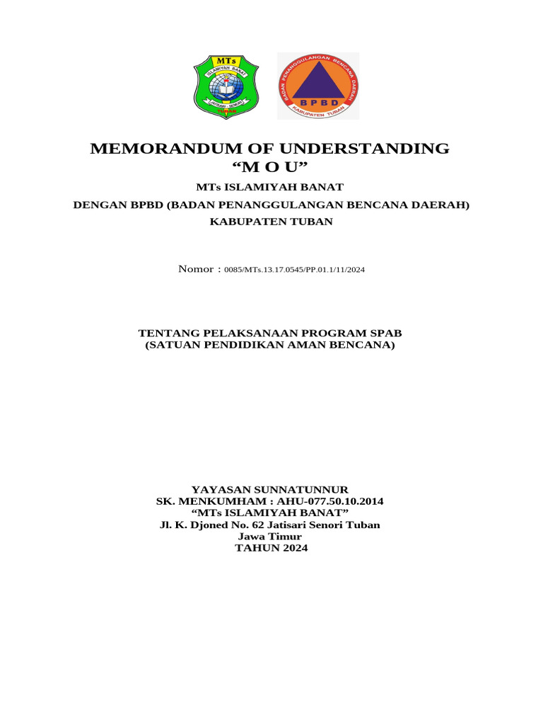 Mou Spab Dengan BPBD 2024 MTS Banat | PDF
