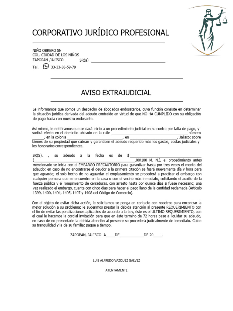 Aviso Extrajudicial de Pago Urgente | PDF