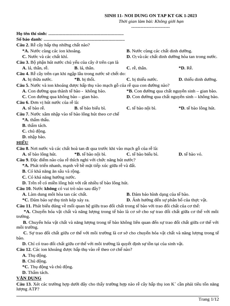 SINH 11 - NOI DUNG ON TAP KT GK 1-2023 B167a1 10 07 2024 | PDF