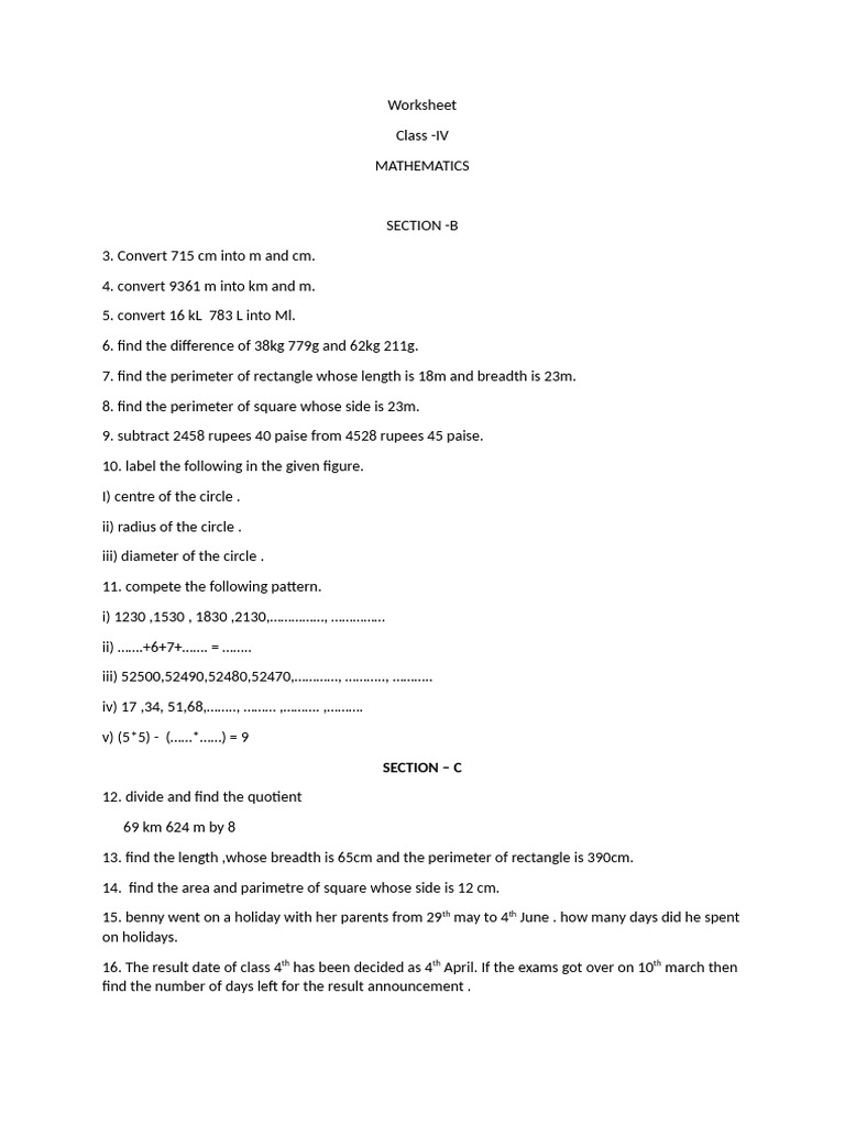 Worksheet Class 4th | PDF