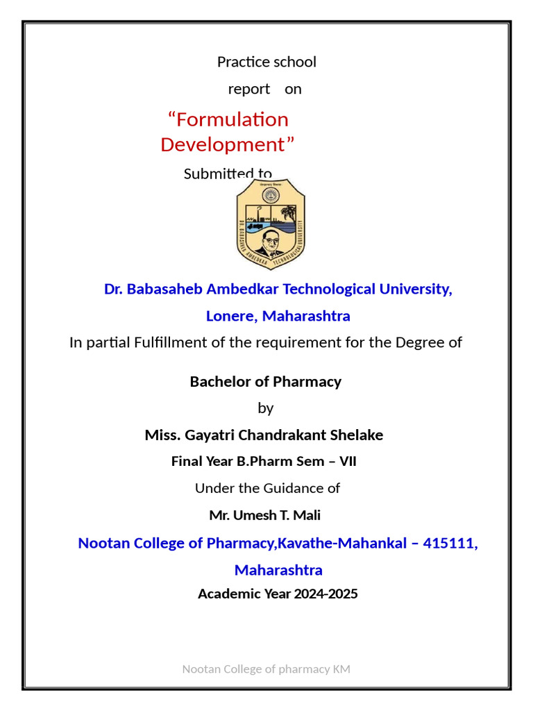 Gayatri Shelake PRACTICE SCHOOL 55-1 | PDF | Liposome | Tablet (Pharmacy)