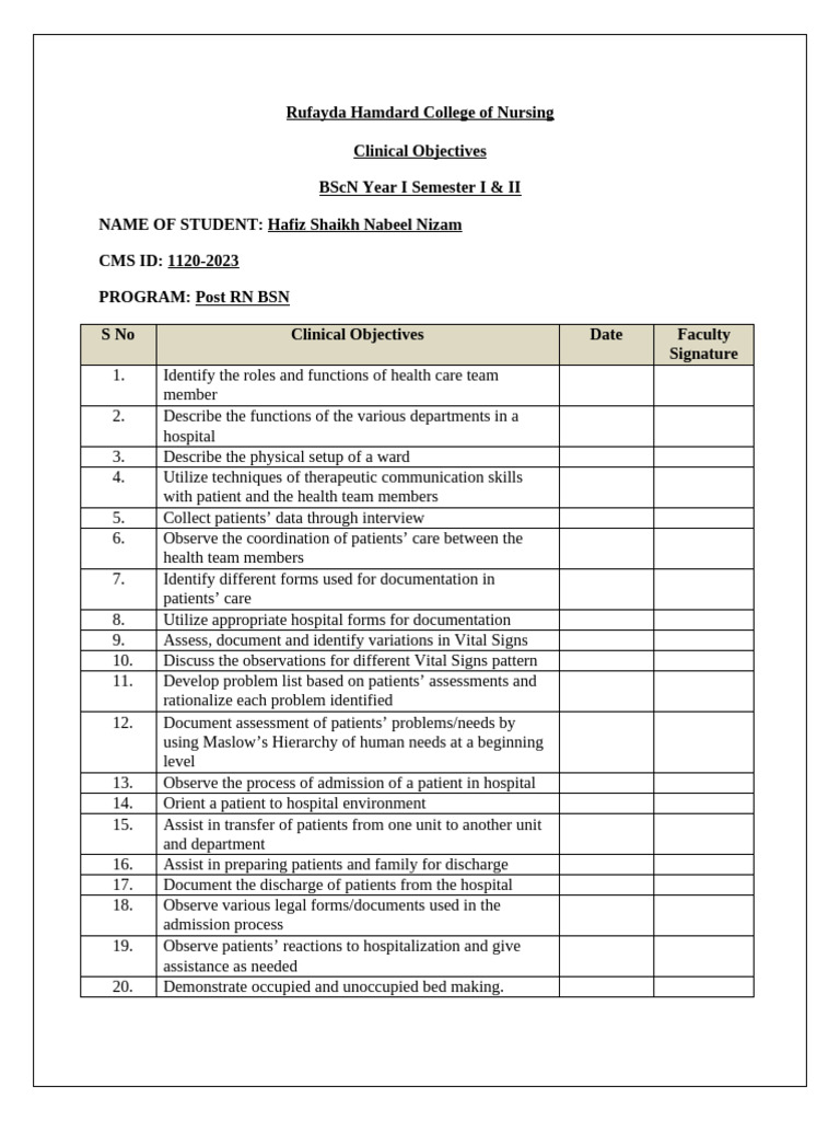Clinical Objectives and Evaluation | PDF | Patient | Nursing