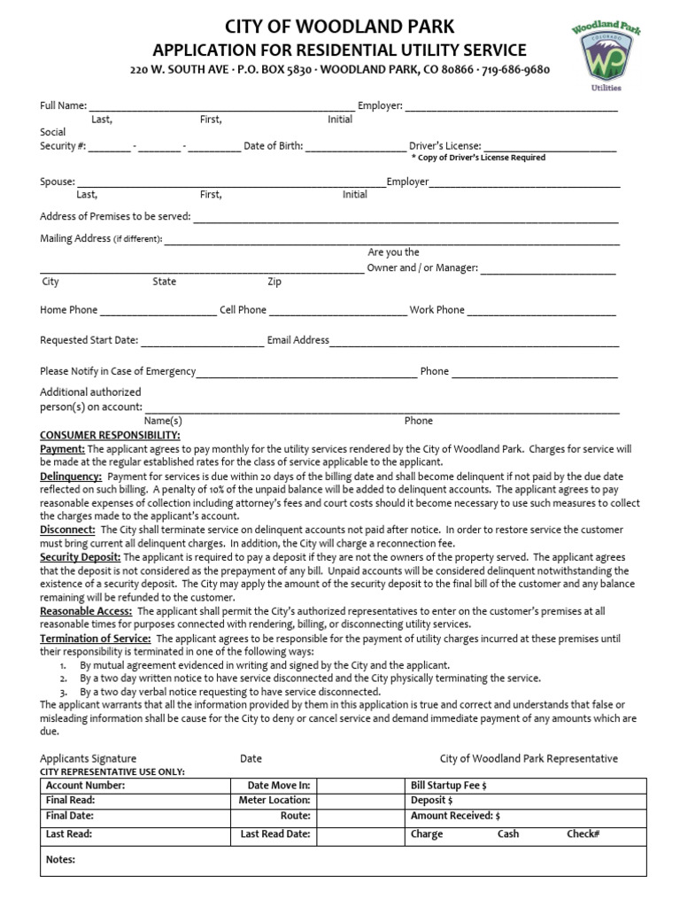 Woodland Park Residential Utility Application | PDF | Fee