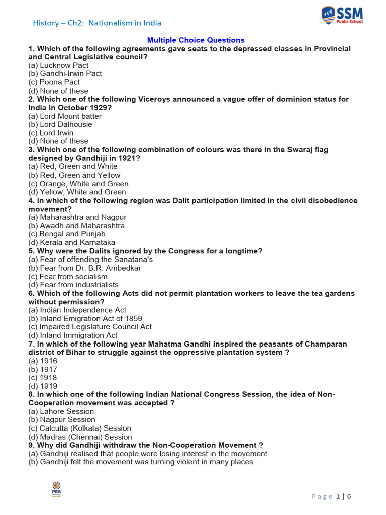 Nationalism in India: Key MCQs | PDF | Mahatma Gandhi | British Raj