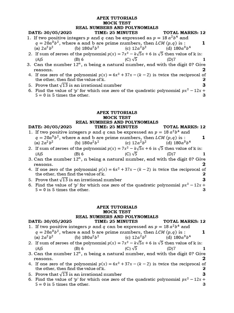 Mock Test Real Numbers and Polynomials | PDF | Numbers | Polynomial