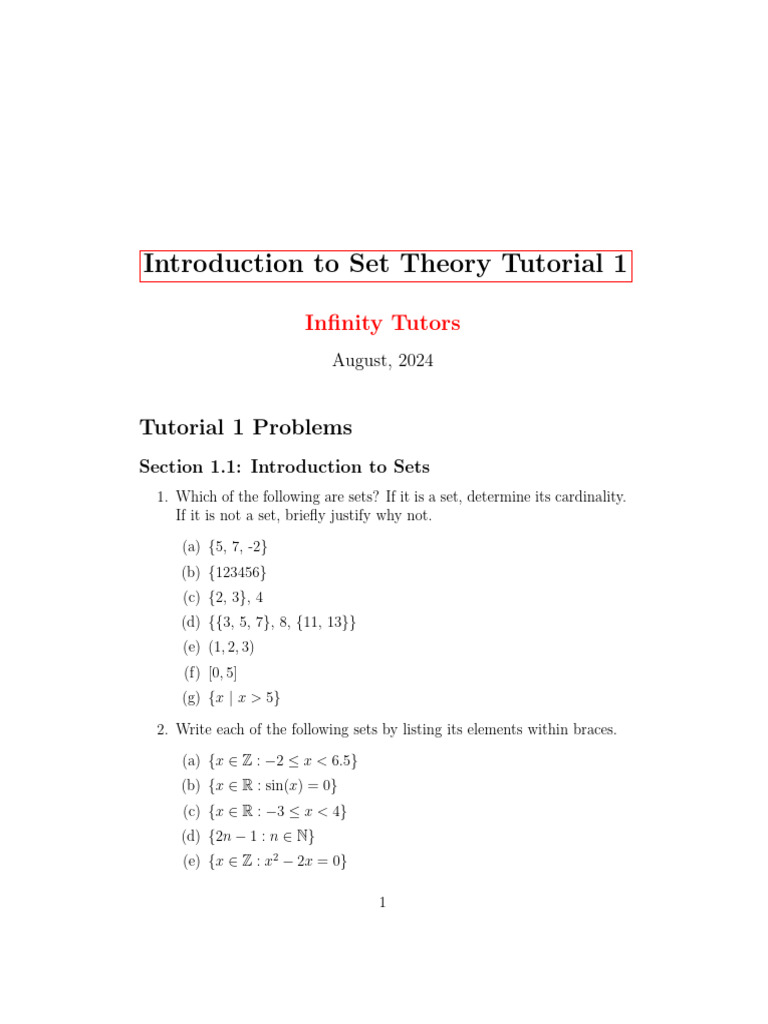 Sets Tutorial 1 Infinity Tutors | PDF | Mathematical Logic | Mathematics