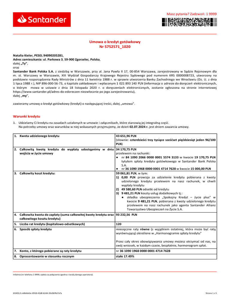 Umowa o Kredyt Gotówkowy NR 5752571 - 1020: Warunki Kredytu | PDF
