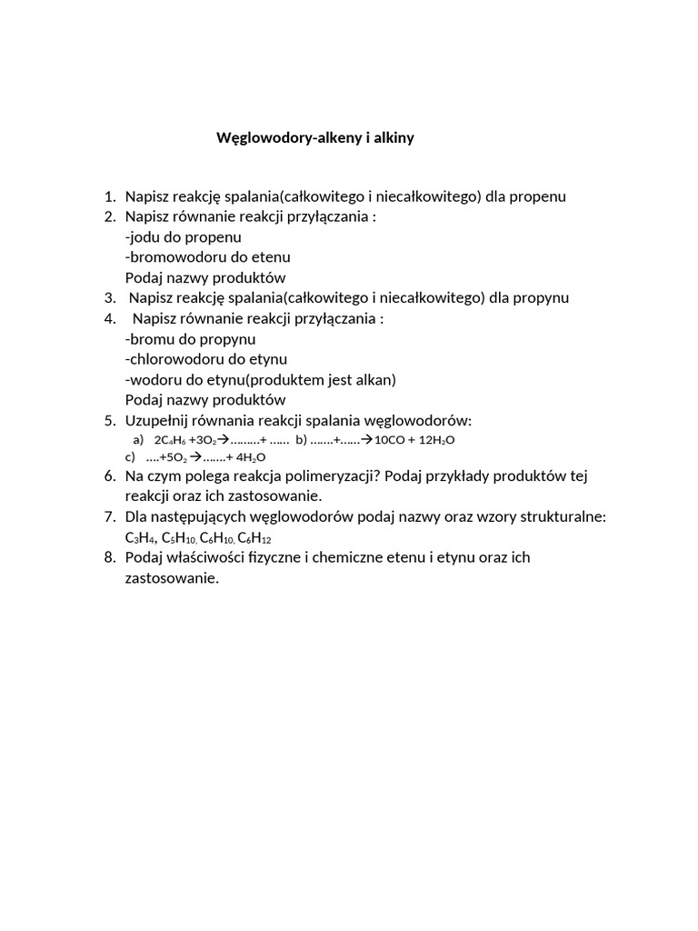 Węglowodory-Alkeny I Alkiny-Zadania 2 | PDF
