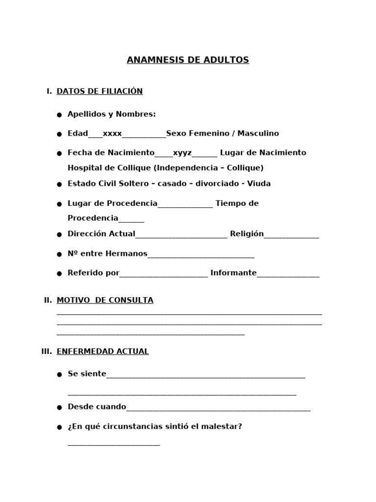 Anamnesis Completa de Adultos | PDF | Medicina CLINICA | Medicina