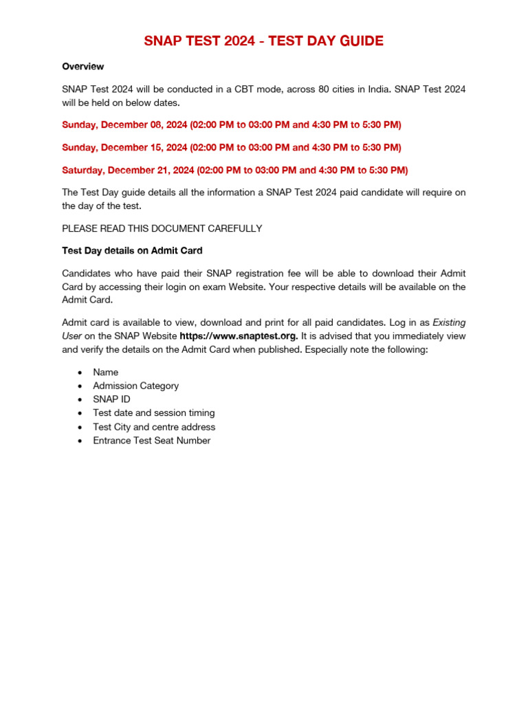 SNAP 2024 Test Day Guide | PDF | Identity Document