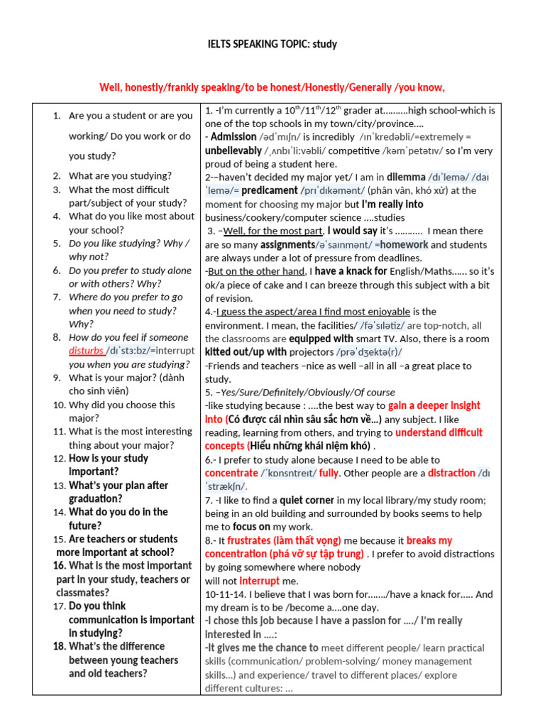 IELTS SPEAKING TOPIC study | PDF | Cognitive Science | Learning