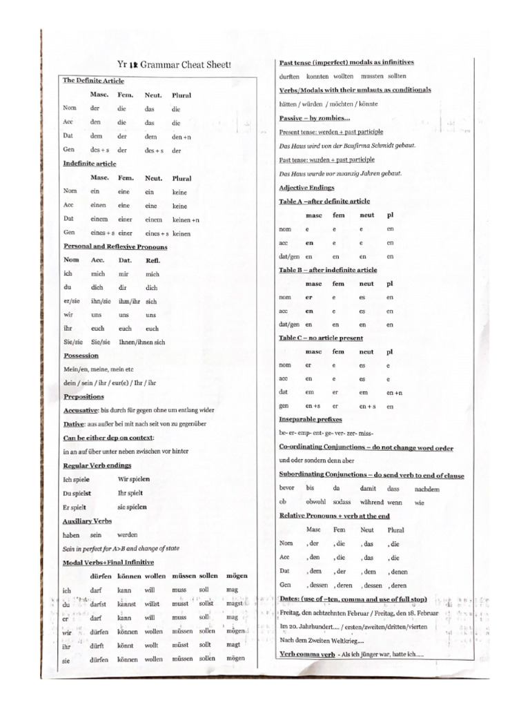 Yr 12 German Grammar Cheat Sheet | PDF