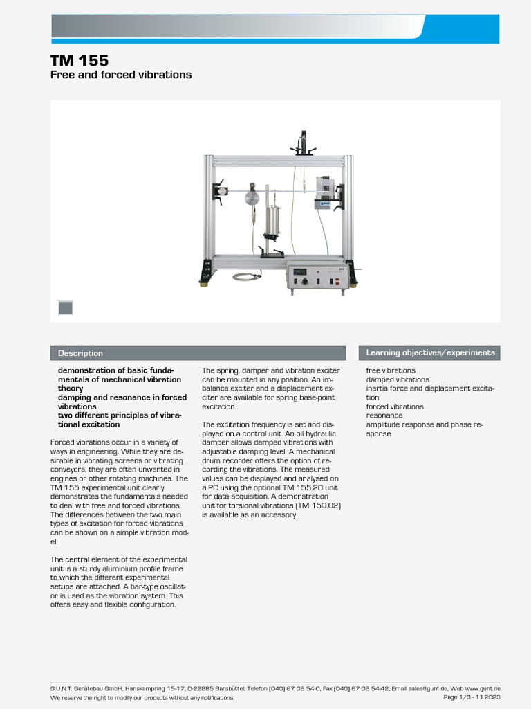 TM 155 Free and Forced Vibrations Gunt 1371 PDF - 1 - en GB | PDF | Oscillation | Damping