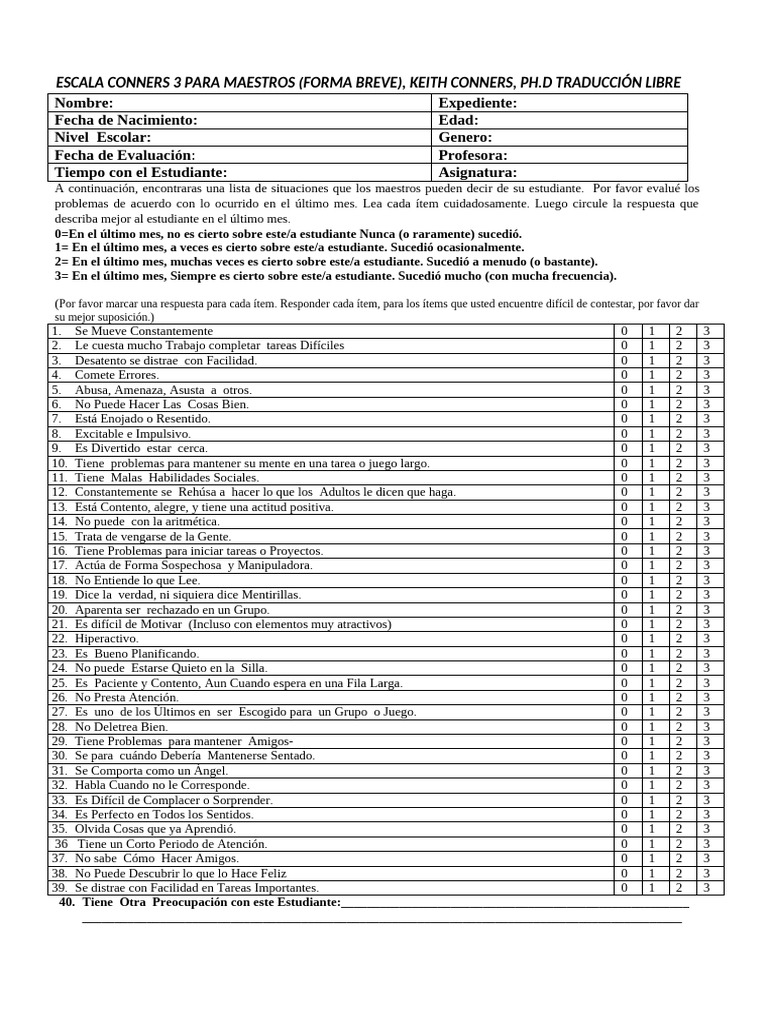 Escala conners reporte para maestros (1) | PDF