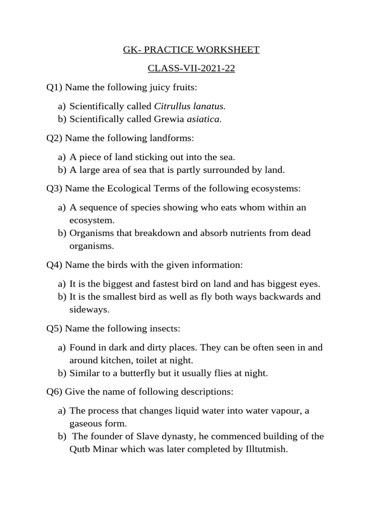 Class VII GK Practice Worksheet 2021-22 | PDF