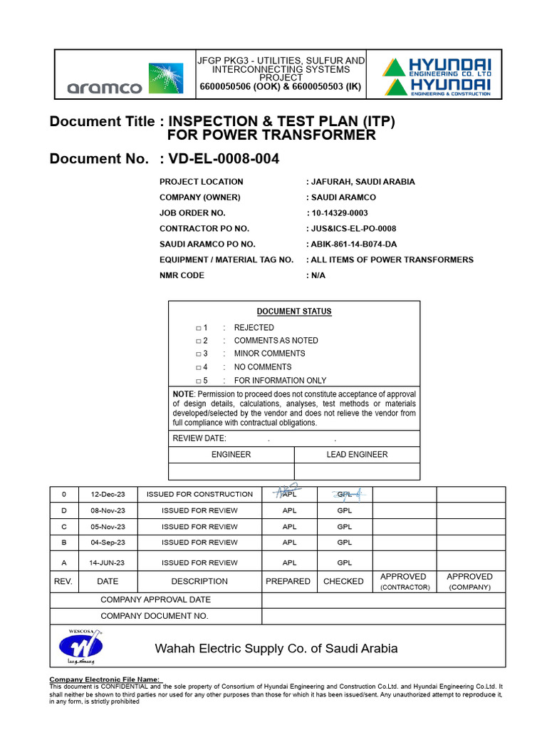Vd-El-0008-004 - 0 - Inspection & Test Plan (Itp) For Power Transformer ...
