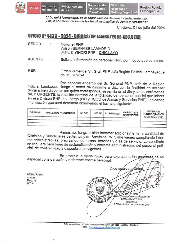 01. Oficio 4123 Solicita Informacion Caracter Muy Urgente | PDF