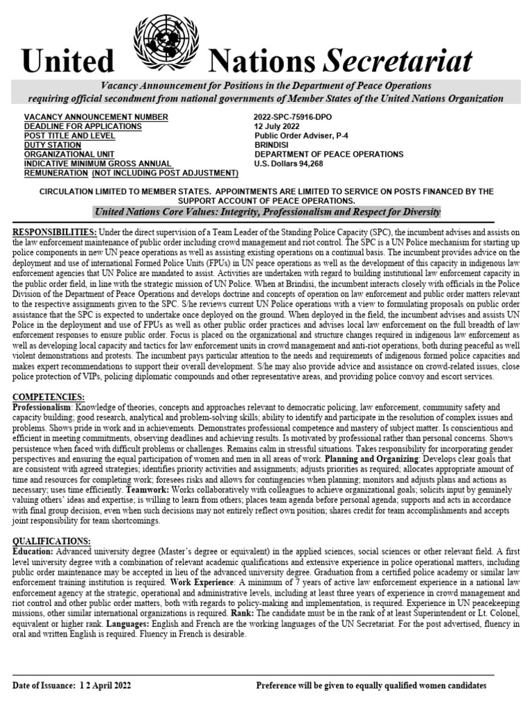 UN Public Order Adviser Vacancy P-4 | PDF | United Nations ...