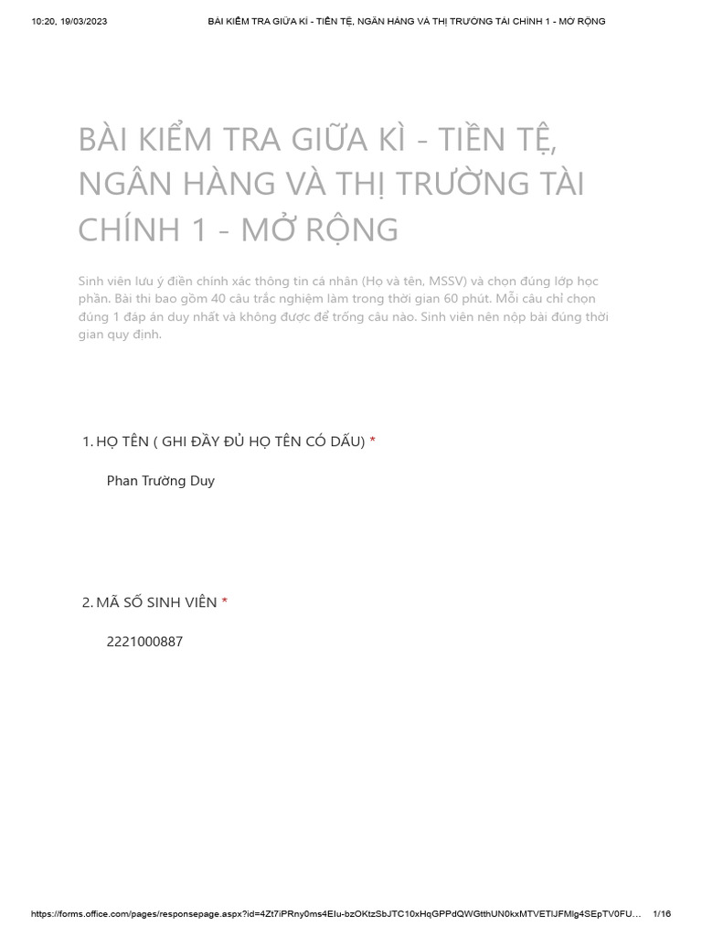 Bài Kiểm Tra Giữa Kì - Tiền Tệ, Ngân Hàng Và Thị Trường Tài Chính 1 - M R NG | PDF