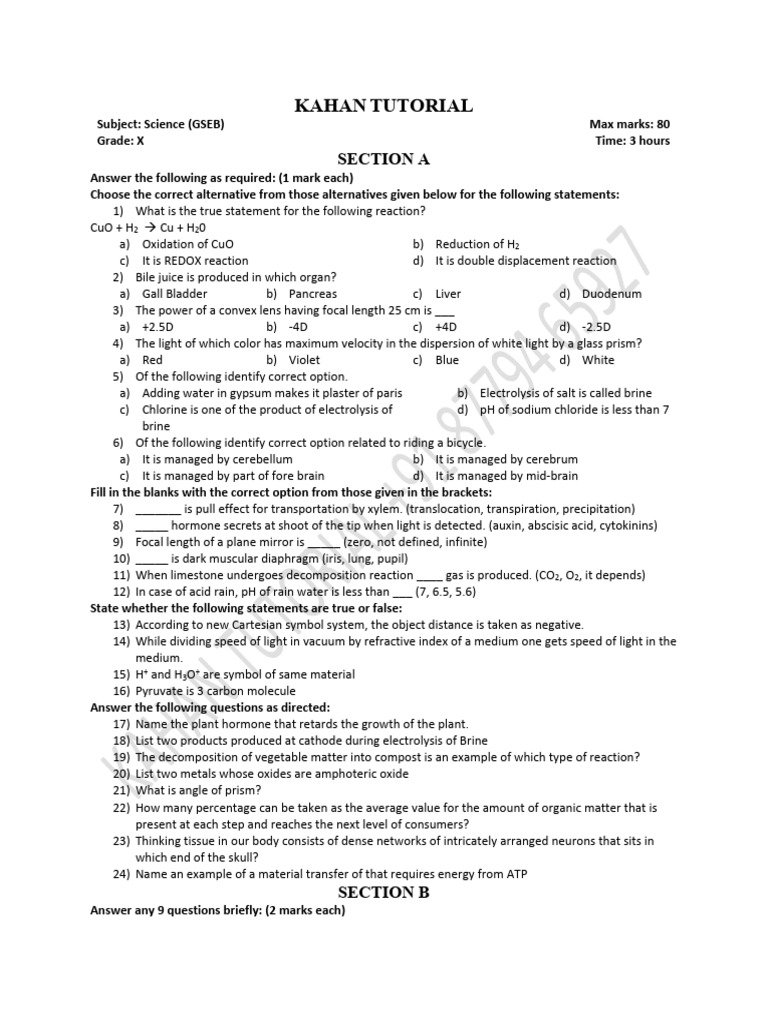 GSEB Science Grade X Exam Practice | PDF | Chemical Reactions | Acid