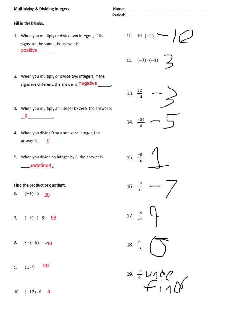 Multiplying and Dividing Integers Guide | PDF | Integer | Mathematical ...