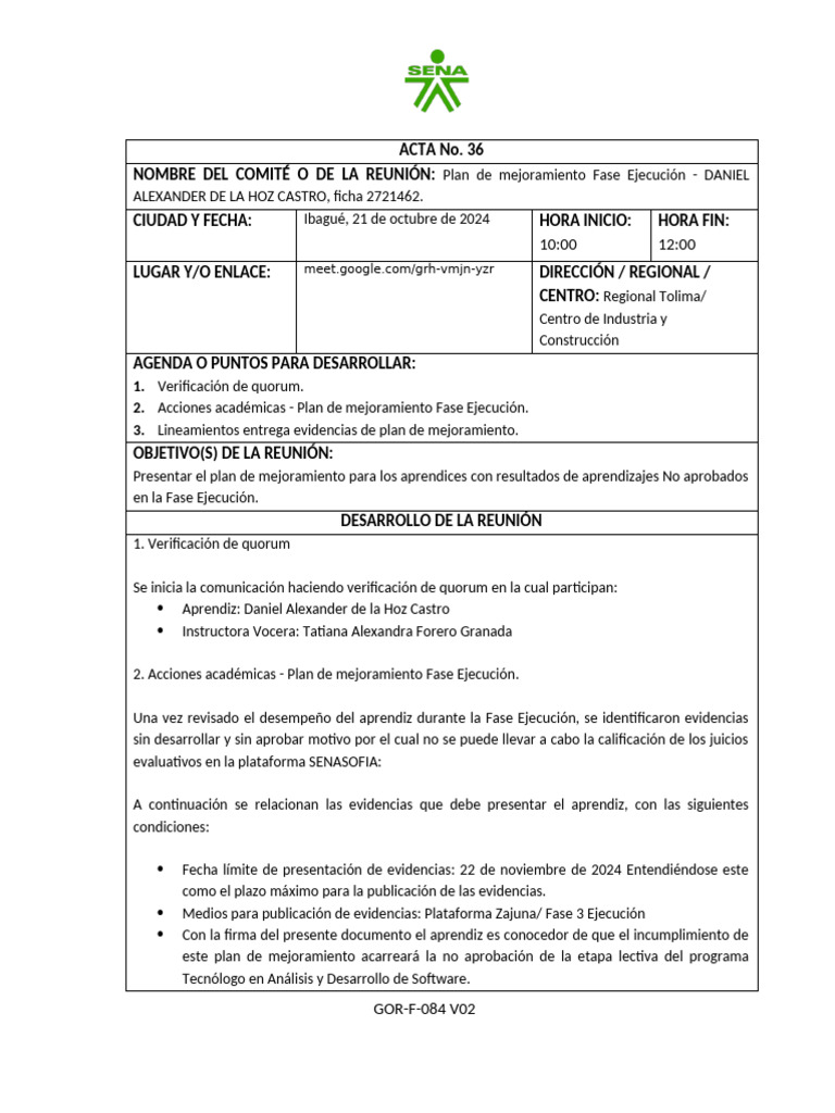 Plan de Mejoramiento - Fase - Ejecución - DANIEL - DE - LA - HOZ | PDF ...