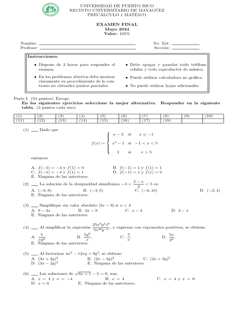 Precalculus 1 - (Practice) Final Exam V2 UPRM | PDF | Matemáticas