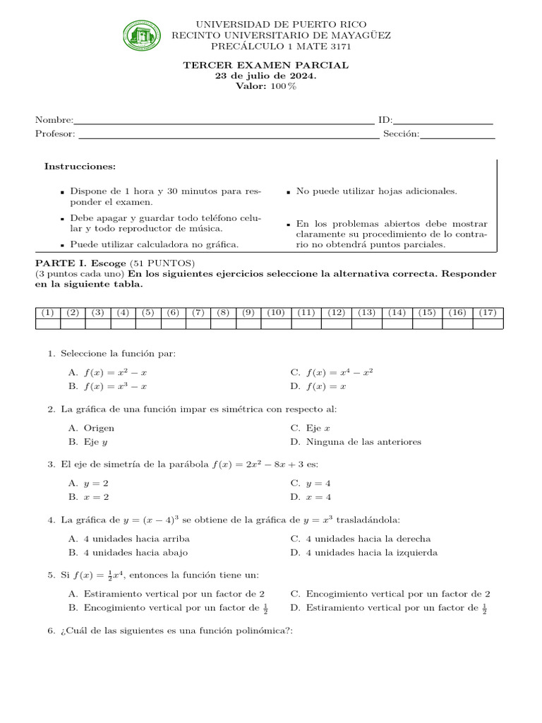 Precalculus 1 - (Practice) Partial Exam 3 UPRM | PDF | Análisis ...