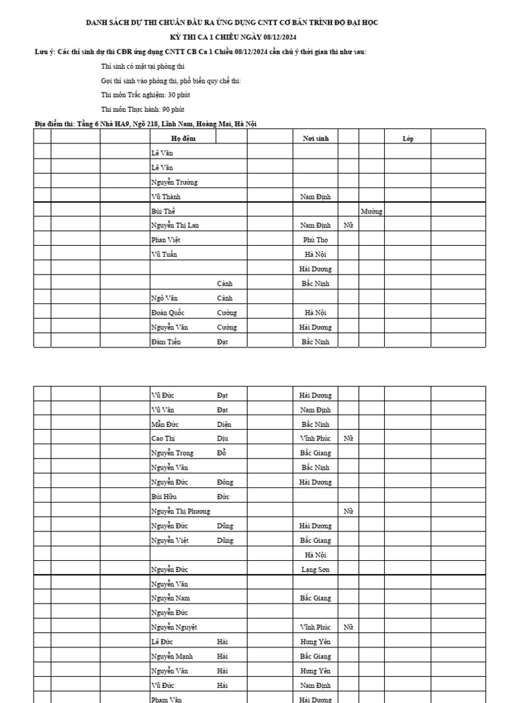 Dữ liệu nhập máy tính Cơ bản đợt 25 Ca 1 chiều 08.12.2024 Gửi SV | PDF