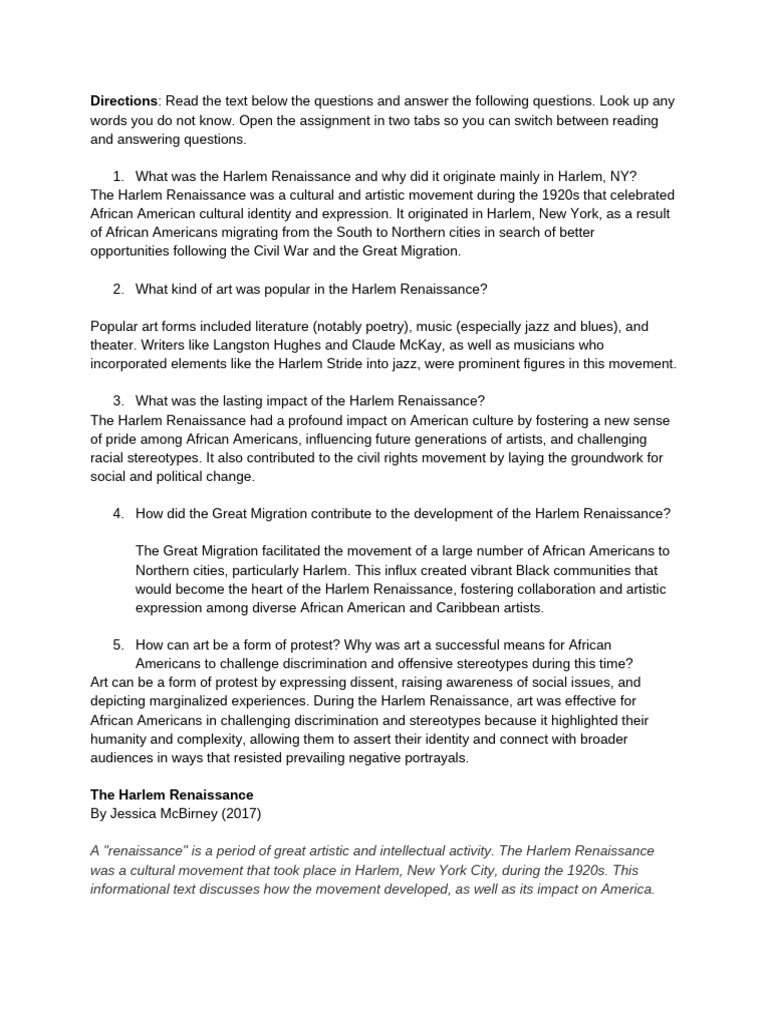 Harlem Renaissance Overview 20 Pts | PDF | Harlem Renaissance | Black ...