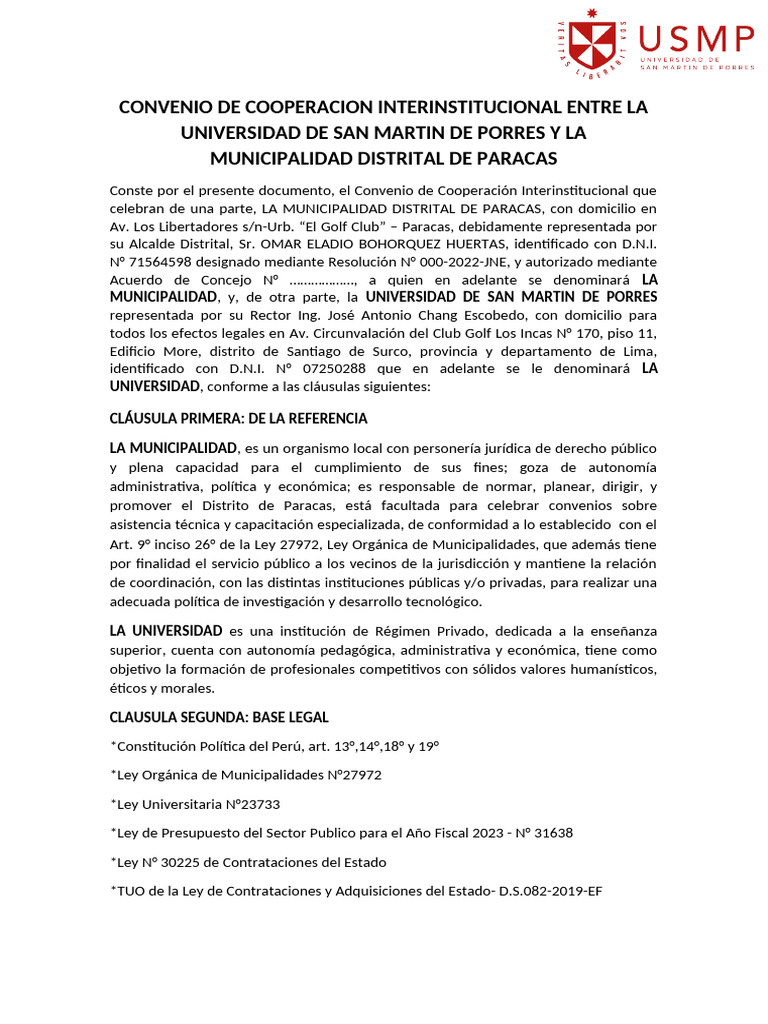 Convenio de Cooperacion Interinstitucional MDP Usmp | PDF | Corrupción política | Gobierno local