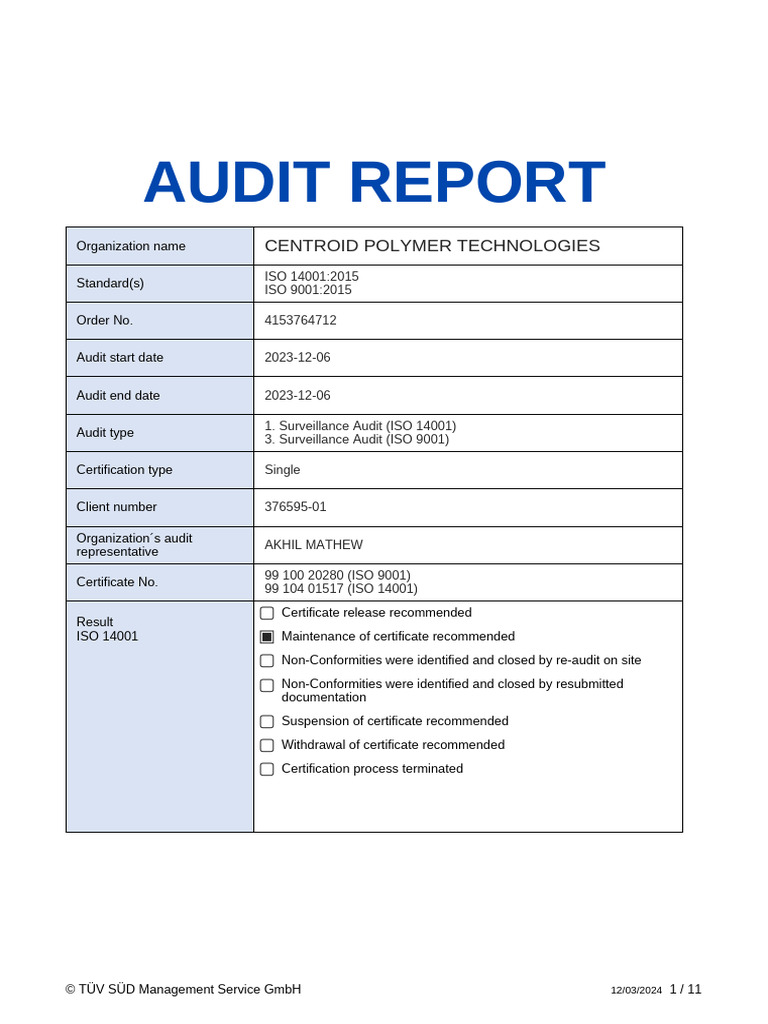 Audit Report for Centroid Polymer Tech | PDF | Audit | Iso 9000
