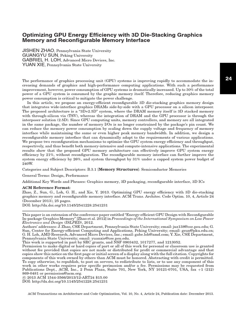 Optimizing GPU Energy Efficiency With 3D Die-Stacking Graphics Memory and Reconfigurable Memory ...