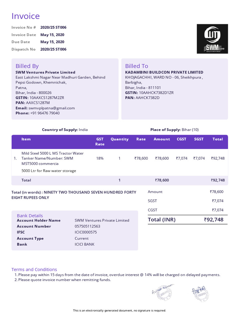 Tractor & Tanker Invoice | PDF | Invoice | Economy Of India