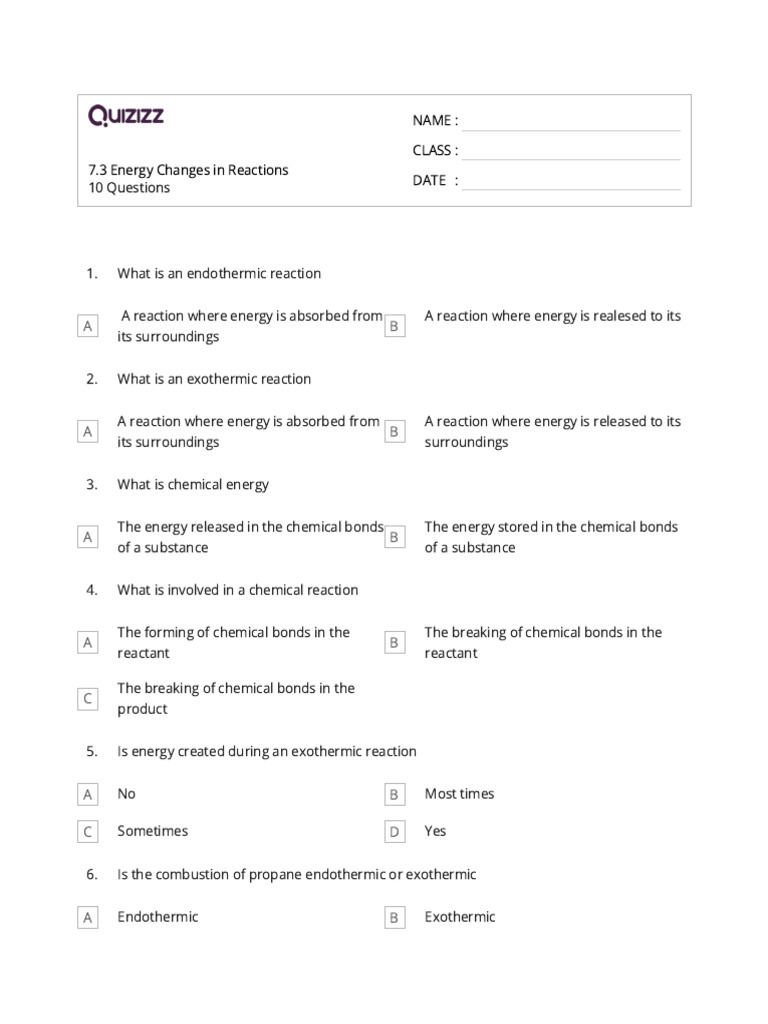 7.3 Energy Changes in Reactions (Quizziz) | PDF | Chemical Reactions ...