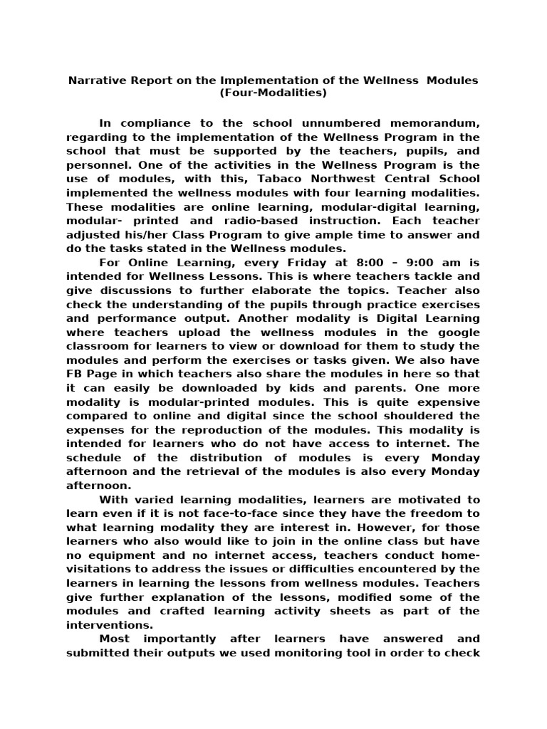 Narrative Report On The Implementation of The Wellness Modules | PDF ...