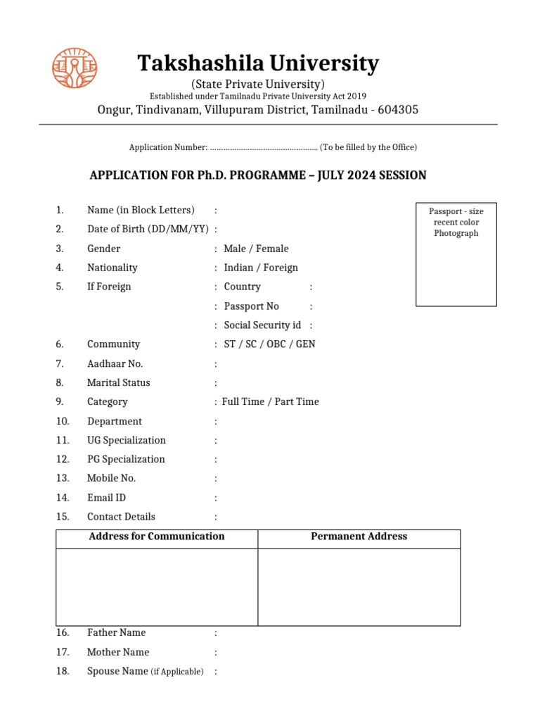 PH.D Application Form July 2024 | PDF