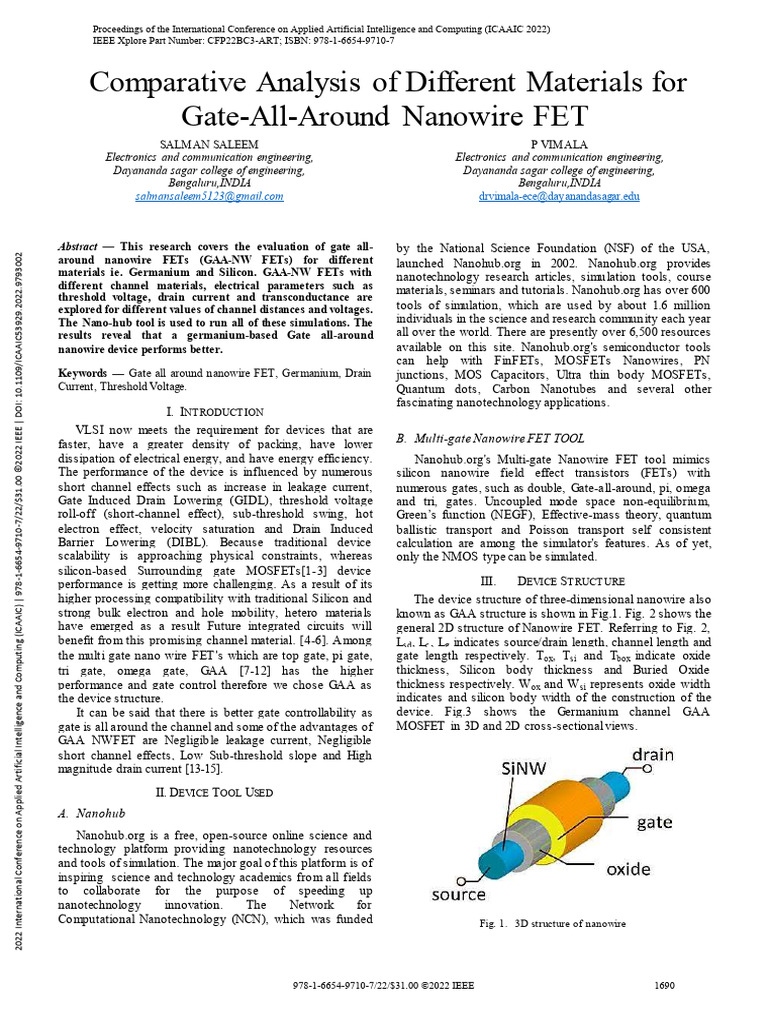 Comparative Analysis of Different Materials For Gate-All-Around Nanowire FET | PDF | Field ...