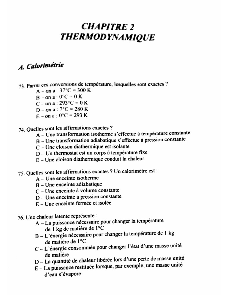 QCM - Thermodynamique | PDF