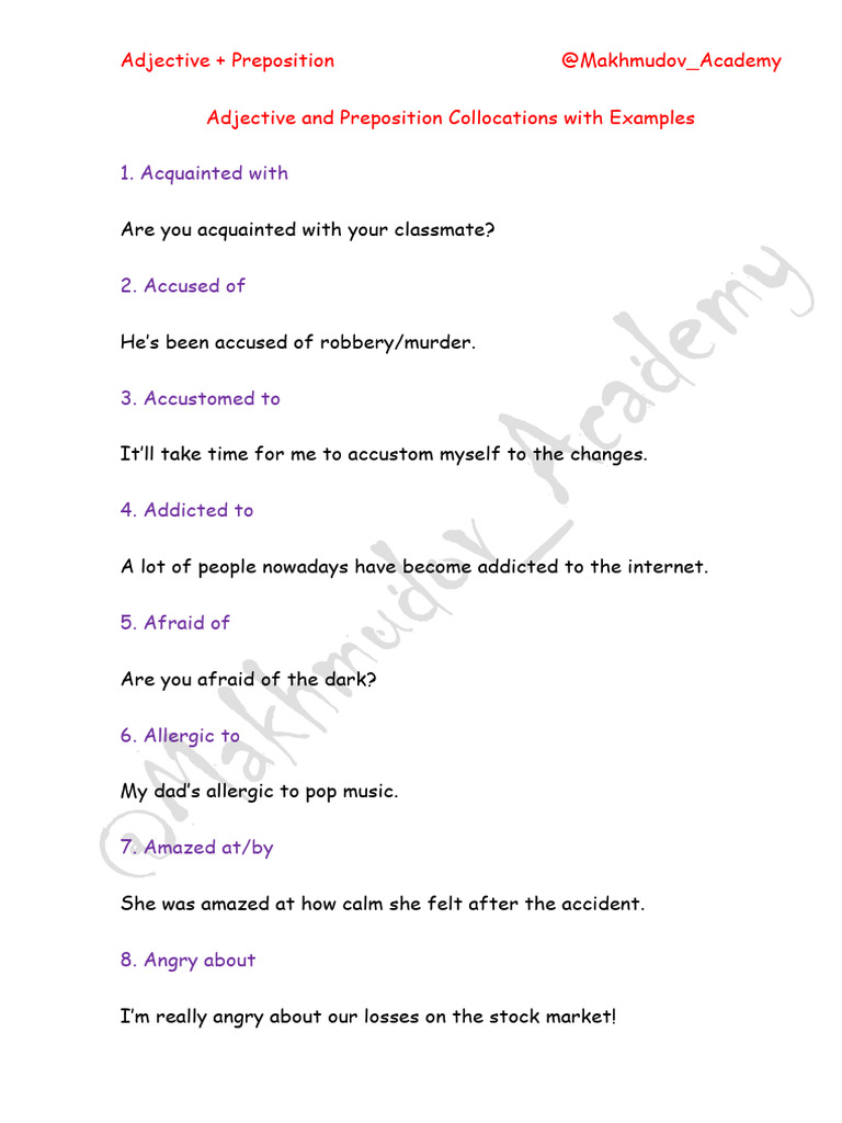Adjective and Preposition Collocations With Examples | PDF