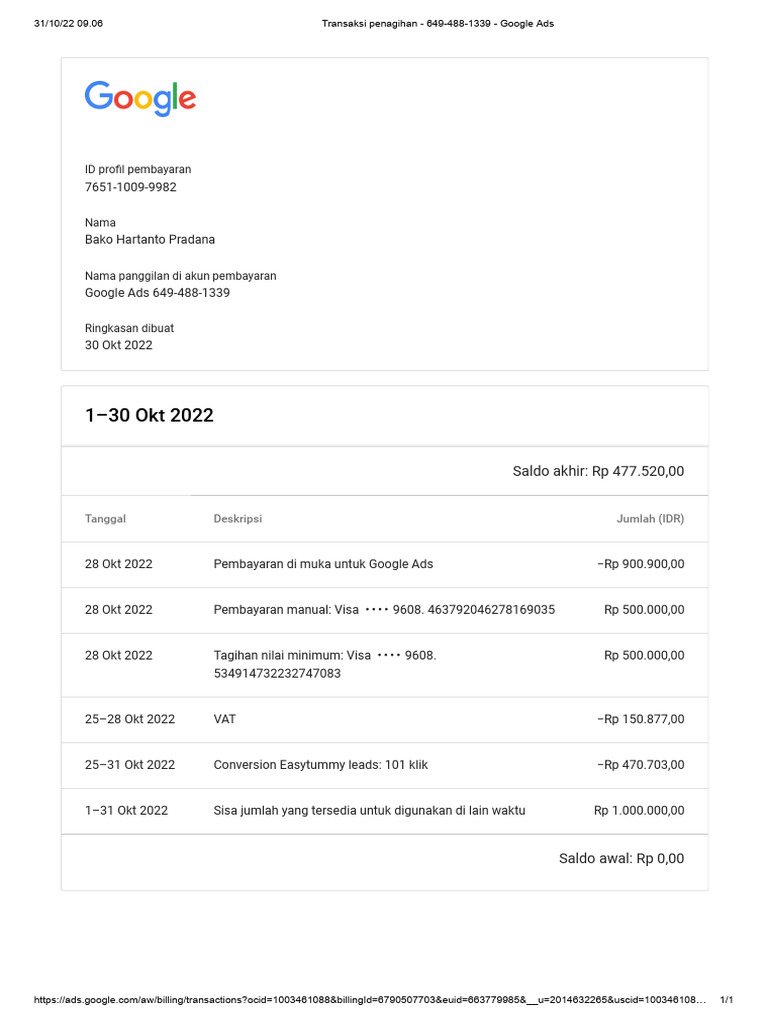 Transaksi Penagihan - 649-488-1339 - Google Ads | PDF