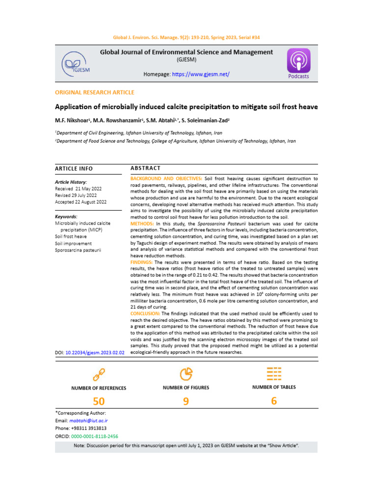 Application of Microbially Induced Calcite Precipitation to Mitigate ...