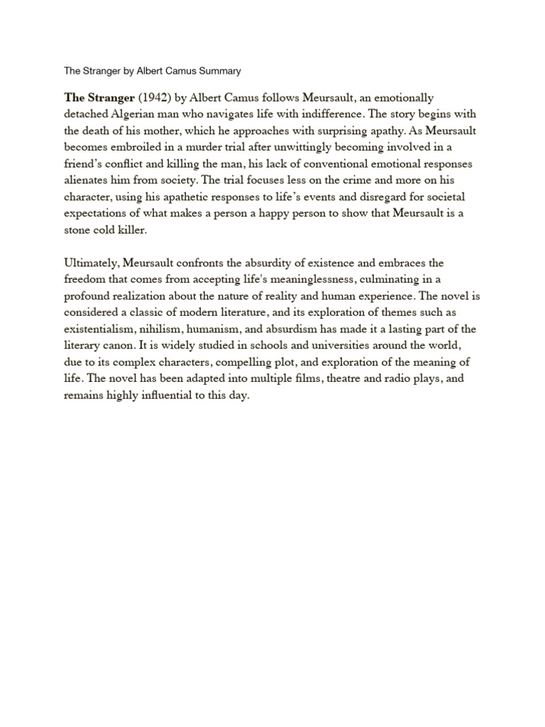 Summary of The Stranger by Albert Camus | PDF