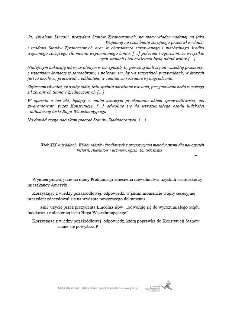 Rozdzial 14 Praca Z Tekstem Proklamacja Zniesienia Niewolnictwa KL 3 2 ...
