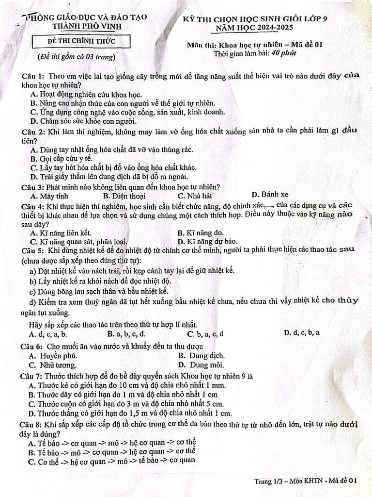 đề và đáp án thi hsg lớp 9 tp vinh 2024 | PDF