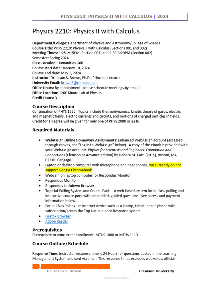 Syllabus 2210 Spring 2024 | PDF | Educational Technology | Electricity