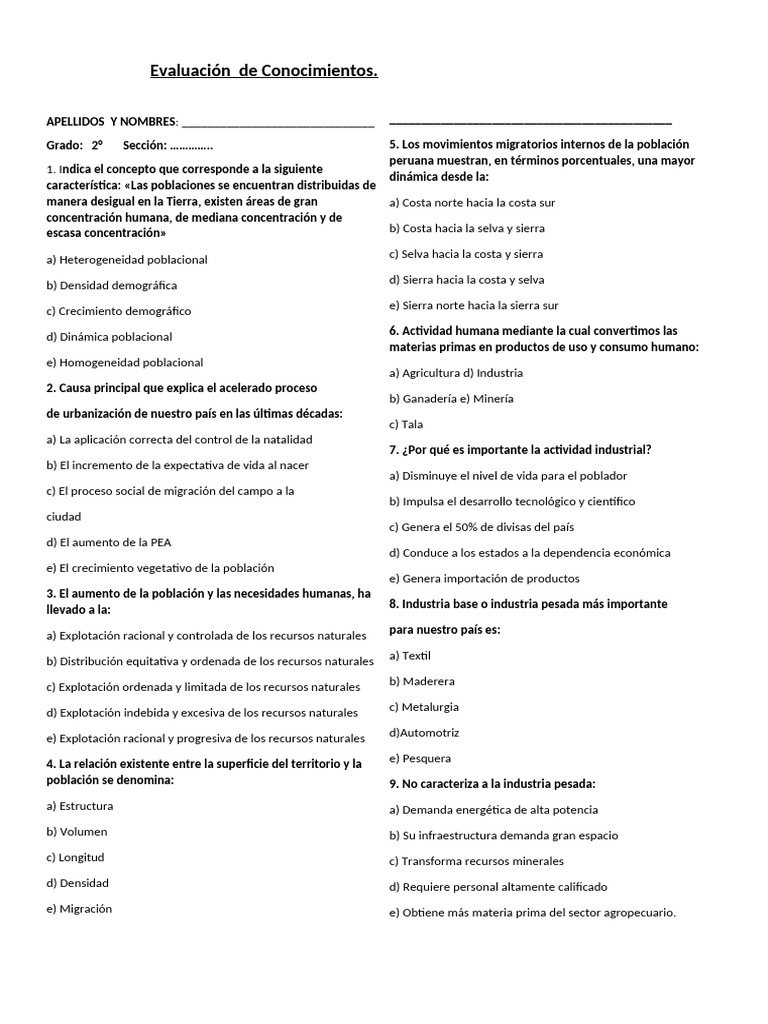 examen 2° lV CCSS | PDF | Perú | Industria pesada