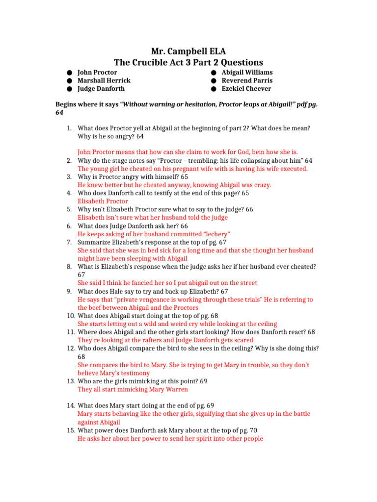 The Crucible Act 3 Questions Part 2 77 | PDF