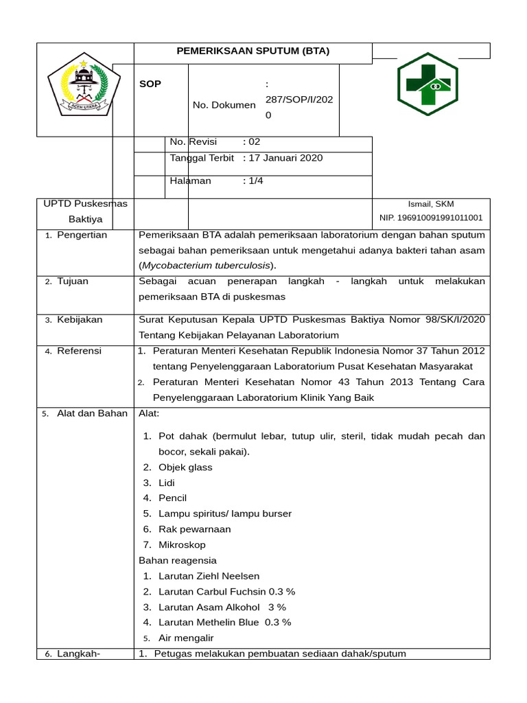'18 8.1.1.1 Sop Lain Pemeriksaan Sputum (Bta) | PDF
